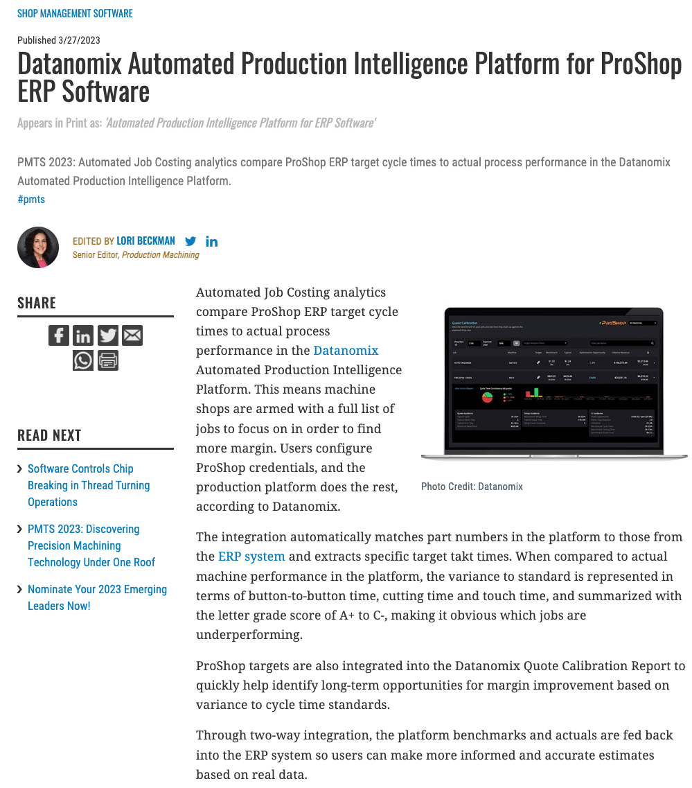 Datanomix Production Monitoring for ProShop ERP